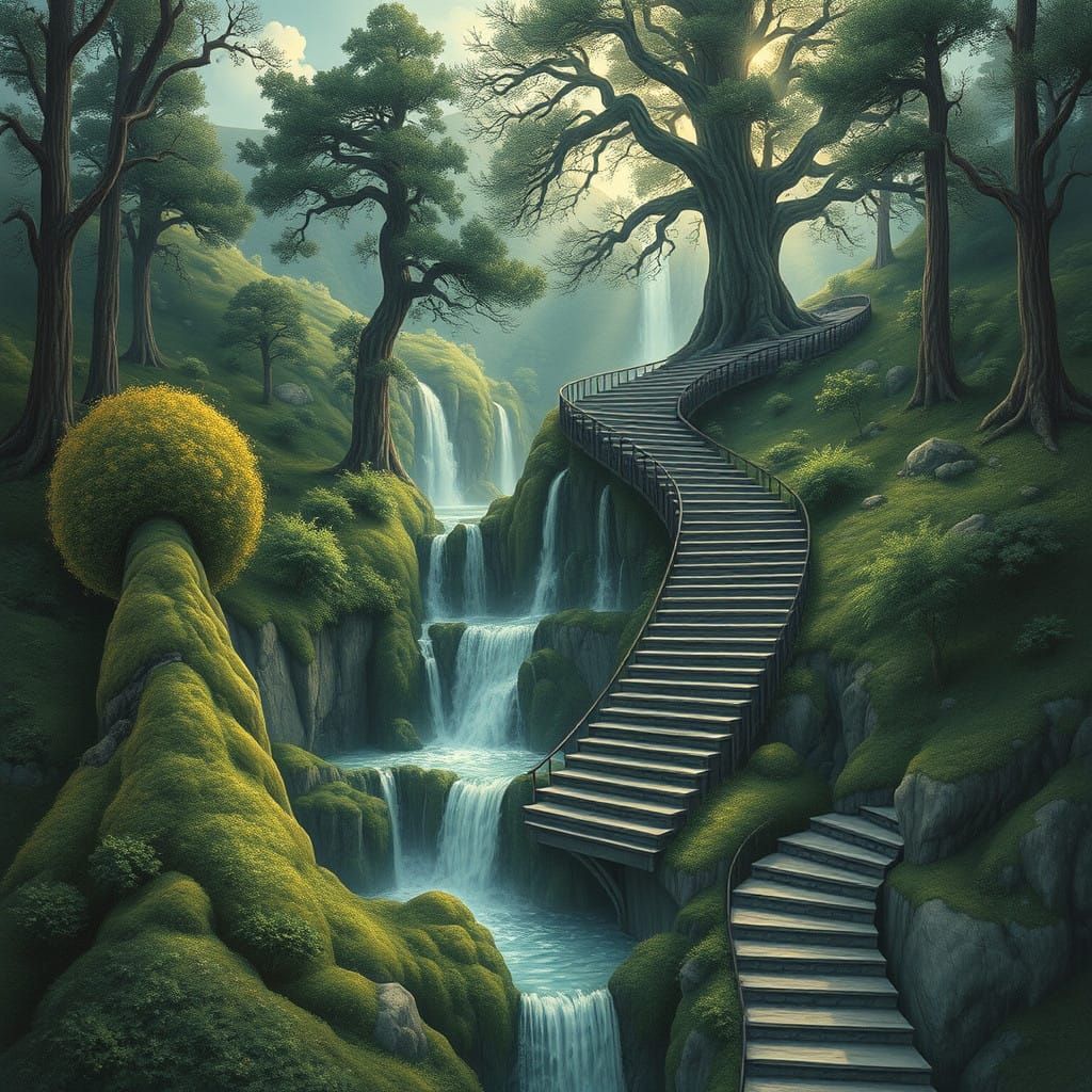 Escher Landscape Infinite Stairs Waterfall