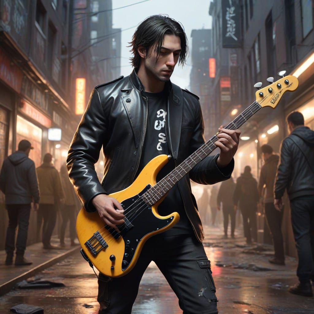 Stoic Rock Bassist Anchors Stage with Deep Grooves... - AI Art
