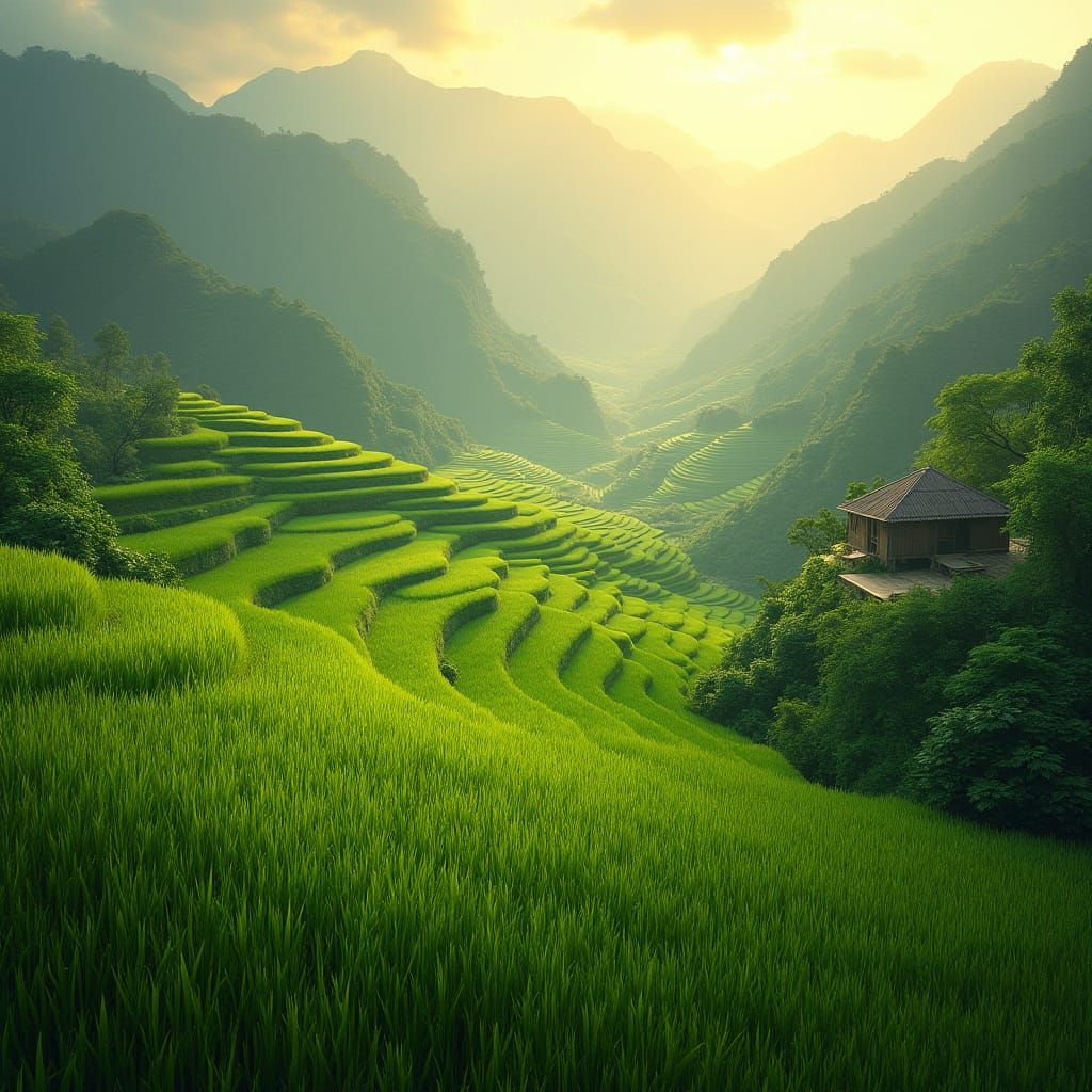 Majestic Green Rice Fields in Ancient Terraces wit... - AI Art
