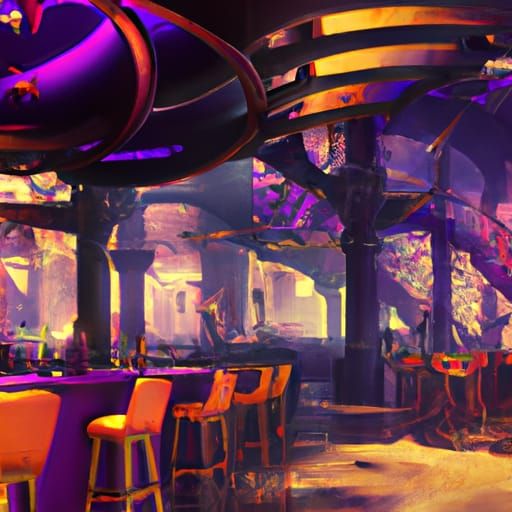 futuristic pub with yellow chairs purple tables and orange bar - AI ...