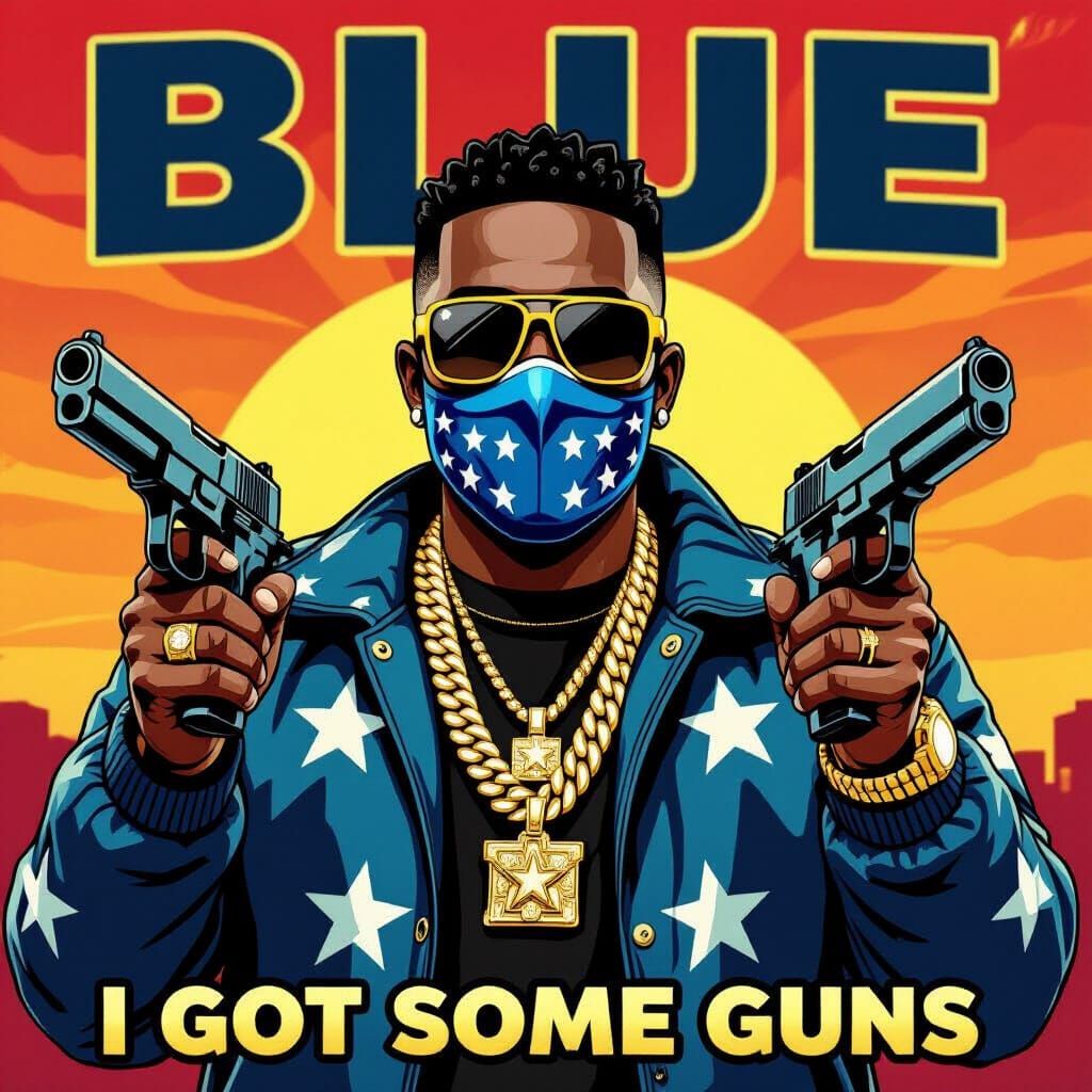 Rapper Blue Concert Poster with Guns and Gold - AI Art
