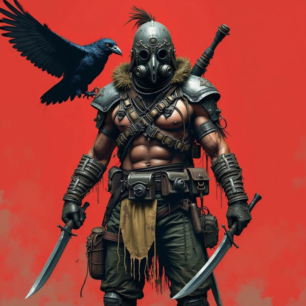 Post-Apocalyptic Hunter in Tribal Armor and Futuri... - AI Art