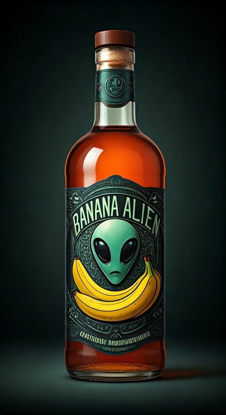 Cyberpunk Banana Alien Moonshine Label Design - AI Art