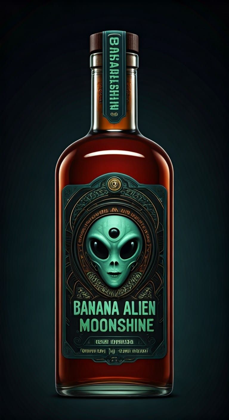 Cyberpunk-Style Banana Alien Moonshine Label - AI Art