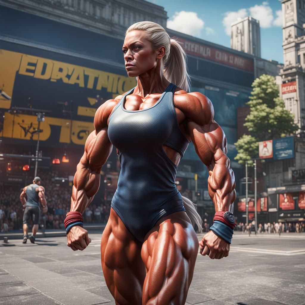 A female bodybuilder, buff, in public, full view Hyperrealistic, splash ...
