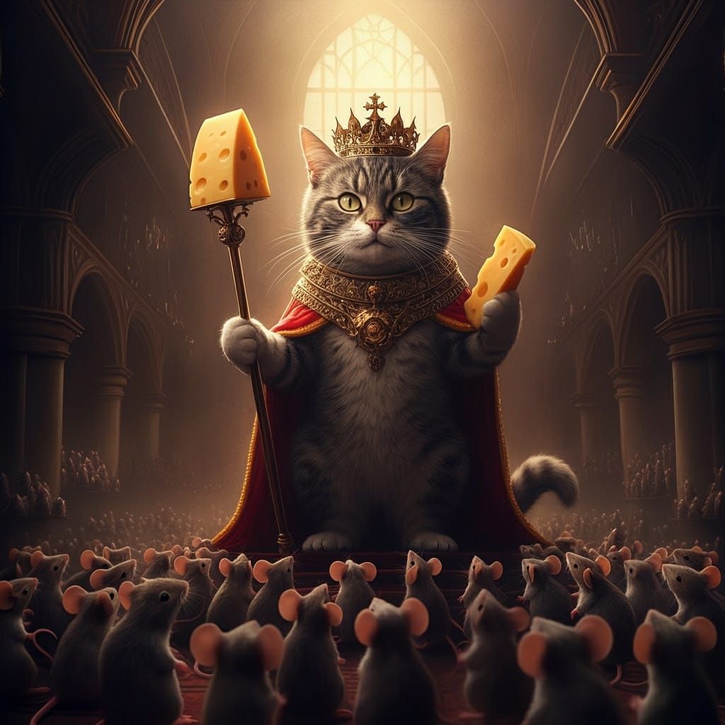 A regal, larger-than-life cat monarch, adorned with an ornate gold ...