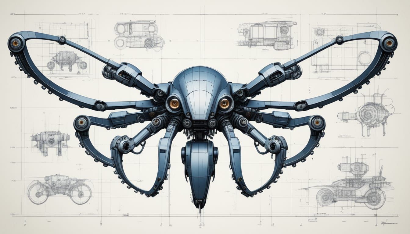 Octopus Robot Blueprints in Industrial Style - AI Art