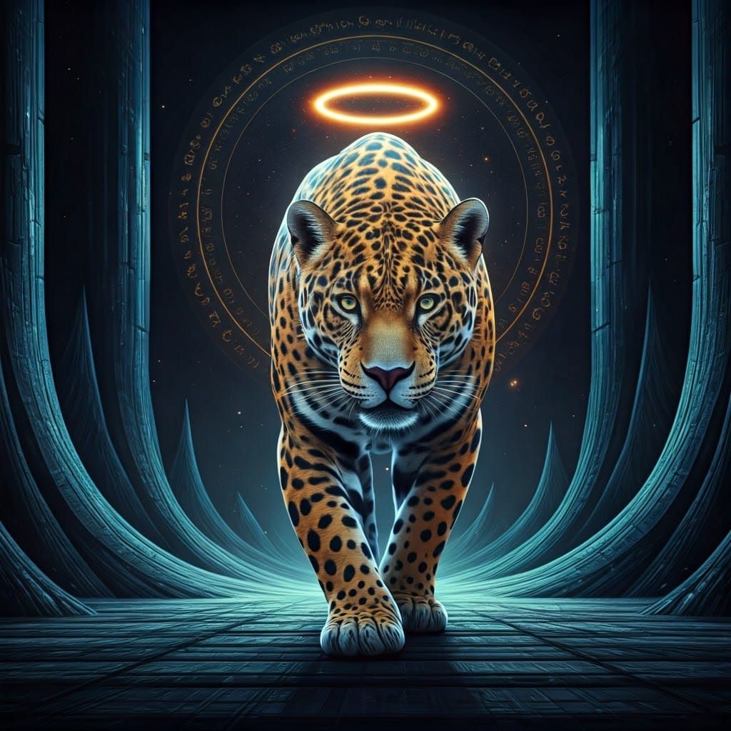 A Jaguar walking between inter dimensional realms with halos and sigils ...