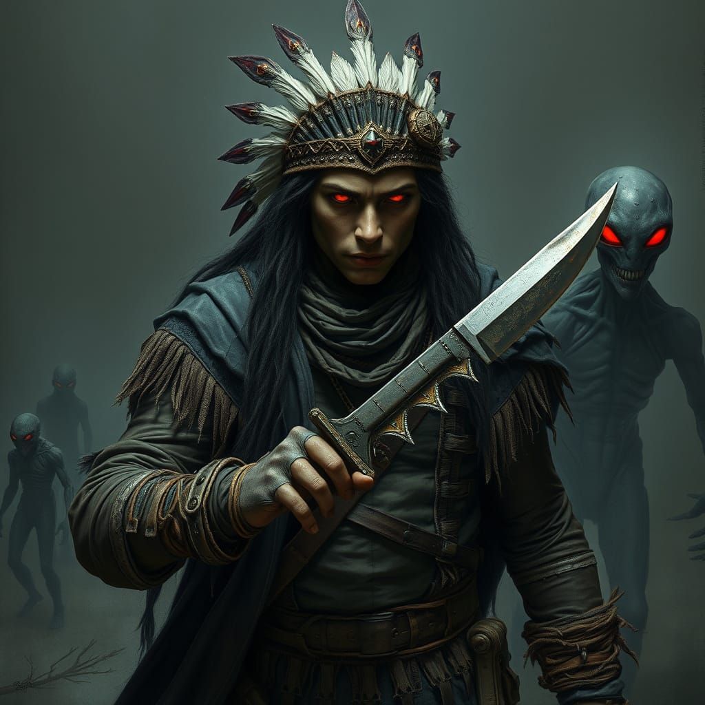 Native American Vampire Shaman Fighting Aliens - AI Art