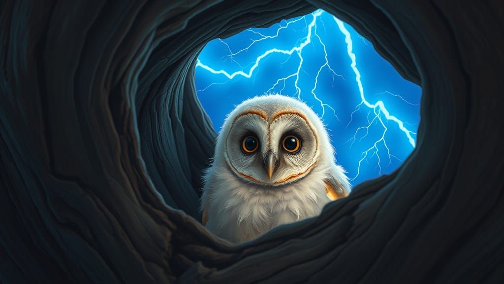A lonely frightened fluffy baby barn owl huddles inside a hollow tree ...