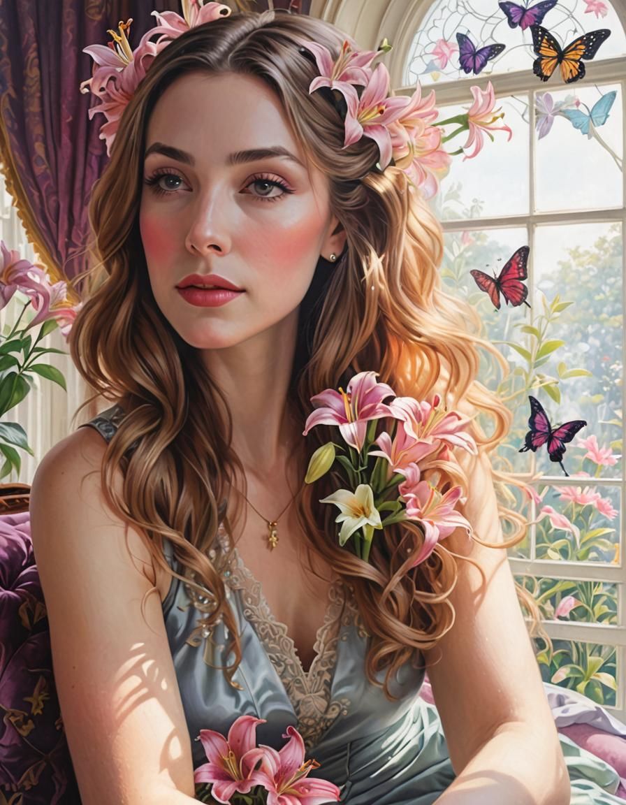 a single photo realistic woman with star-gazer lilies in deep pastel ...