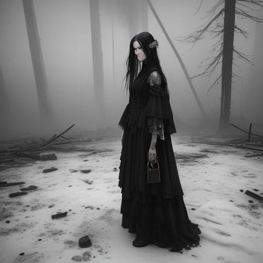 Ethereal Goth Fashion Model in Victorian Gown Amid... - AI Art