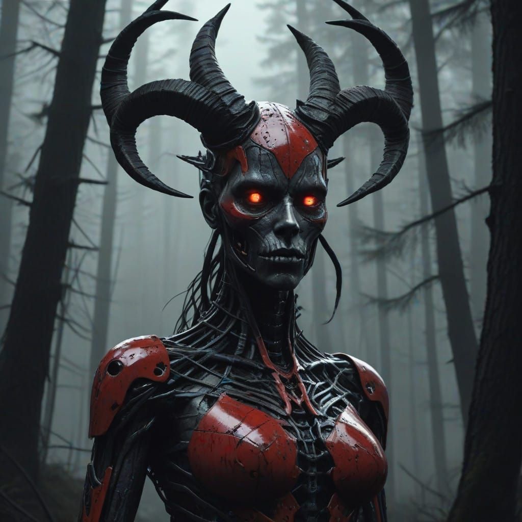 A cinematic, high-contrast photo of a towering, female humanoid demonic ...