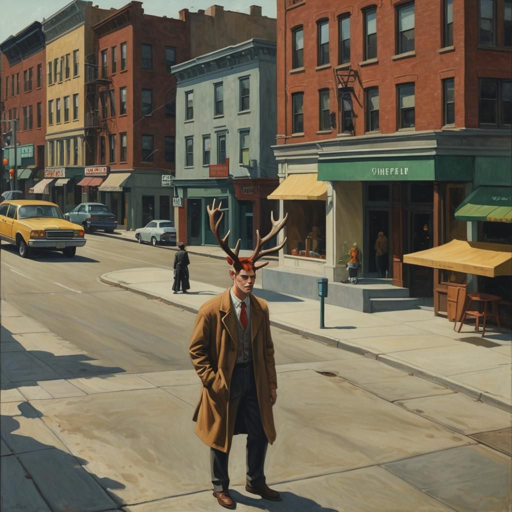 Art by Edward Hopper, modern cityscape, person casually sporting ...