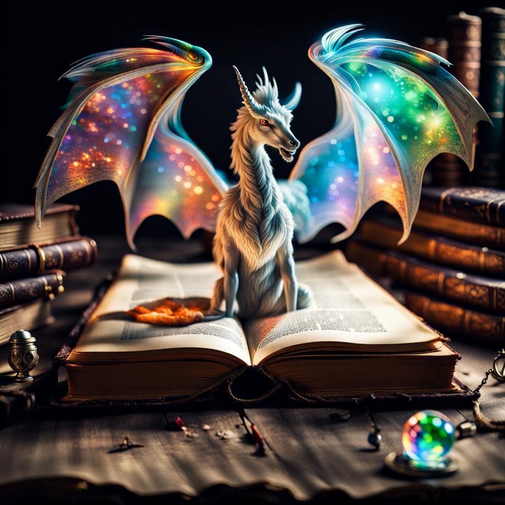 Mystical mythical creatures emerging from an old book , holographic art ...