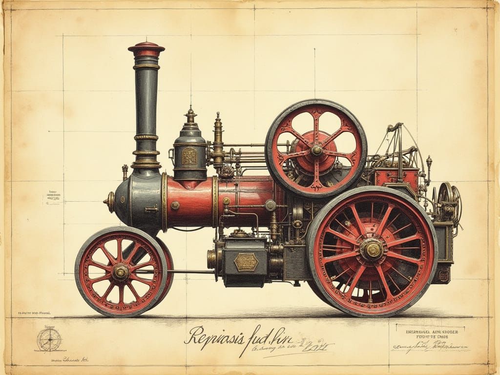 Vintage-Style Engineering Drawing of a 1920s Steam... - AI Art