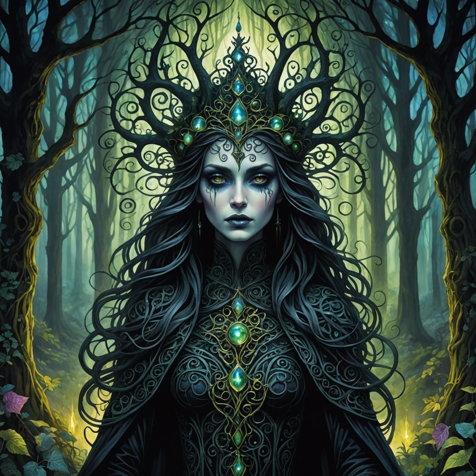 In a dark forest, you come upon a Celtic Banshee, beautiful and goth, detailed eldritch ...