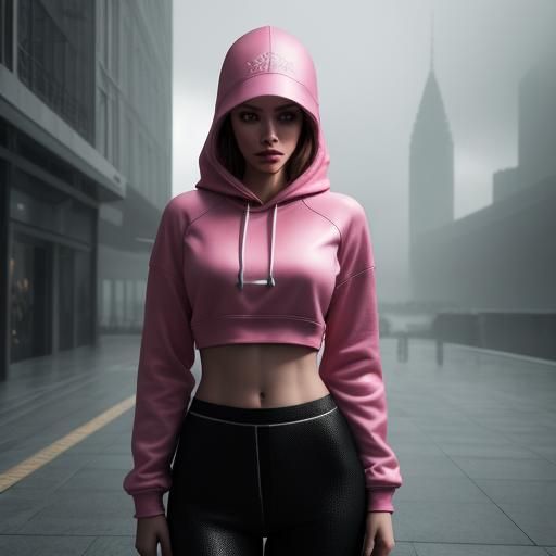 girl, pink hoodie, cap, midriff, futuristic, whimsical, playful ...