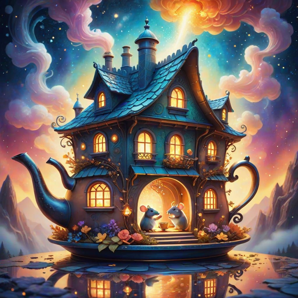 Whimsical Mouse Family in Enchanted Tea Pot Home - AI Art