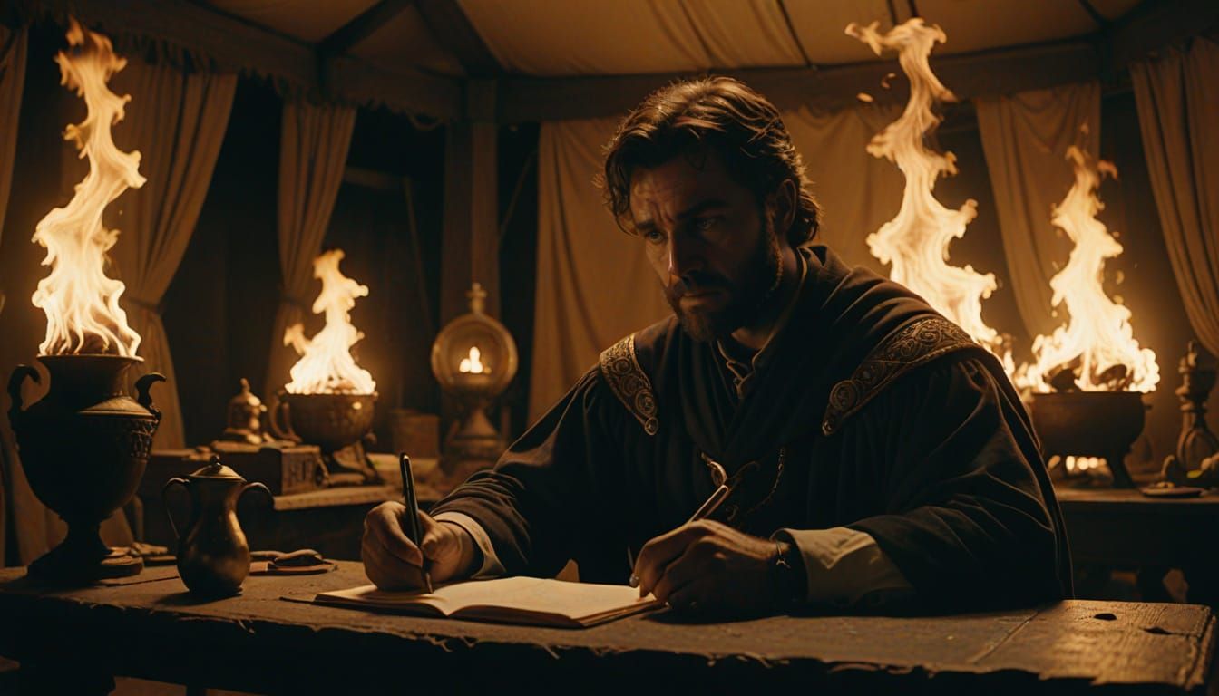 Roman Marcus Aelius in Dramatic Royal Tent Setting - AI Art