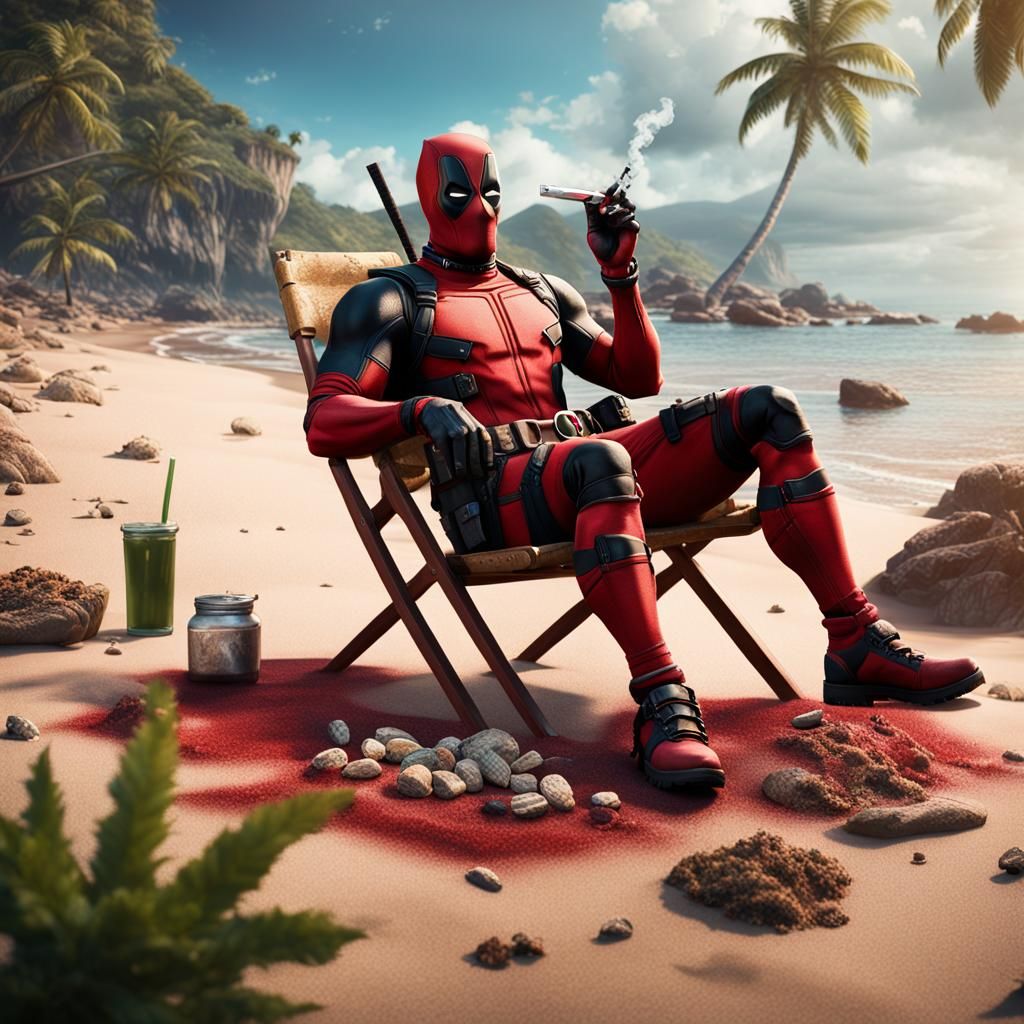 Deadpool hero smoking ganja relaxing on beach