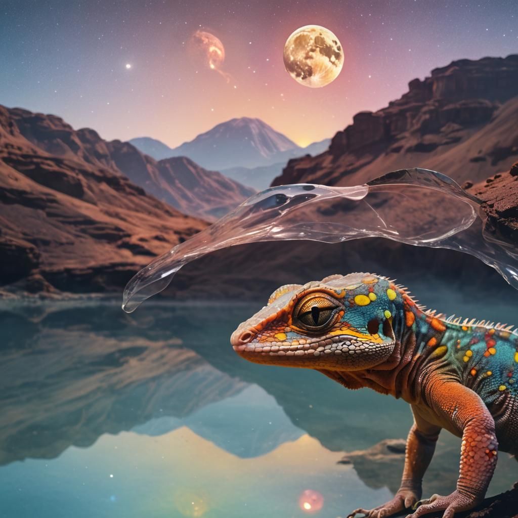 Double exposure. Side profile portrait of a gecko. a colorful alien ...