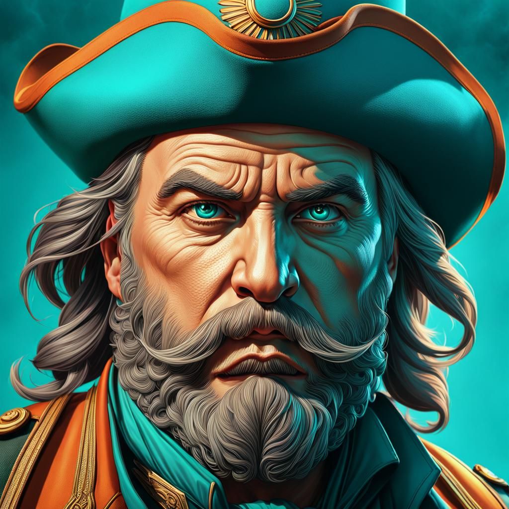 Captain Ahab, portrait, in the style of orange and teal, graphic, - AI ...