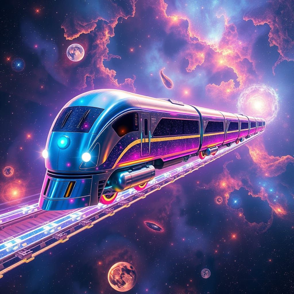 Cosmic Train - Glowing Cosmic Train in Vibrant Starry Expans...