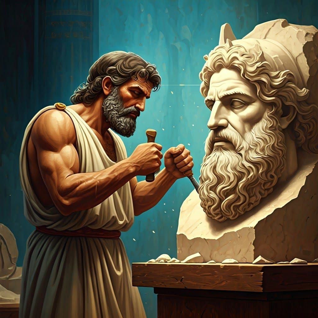 Ancient Greek Master Crafts Zeus Icon in Golden Li... - AI Art