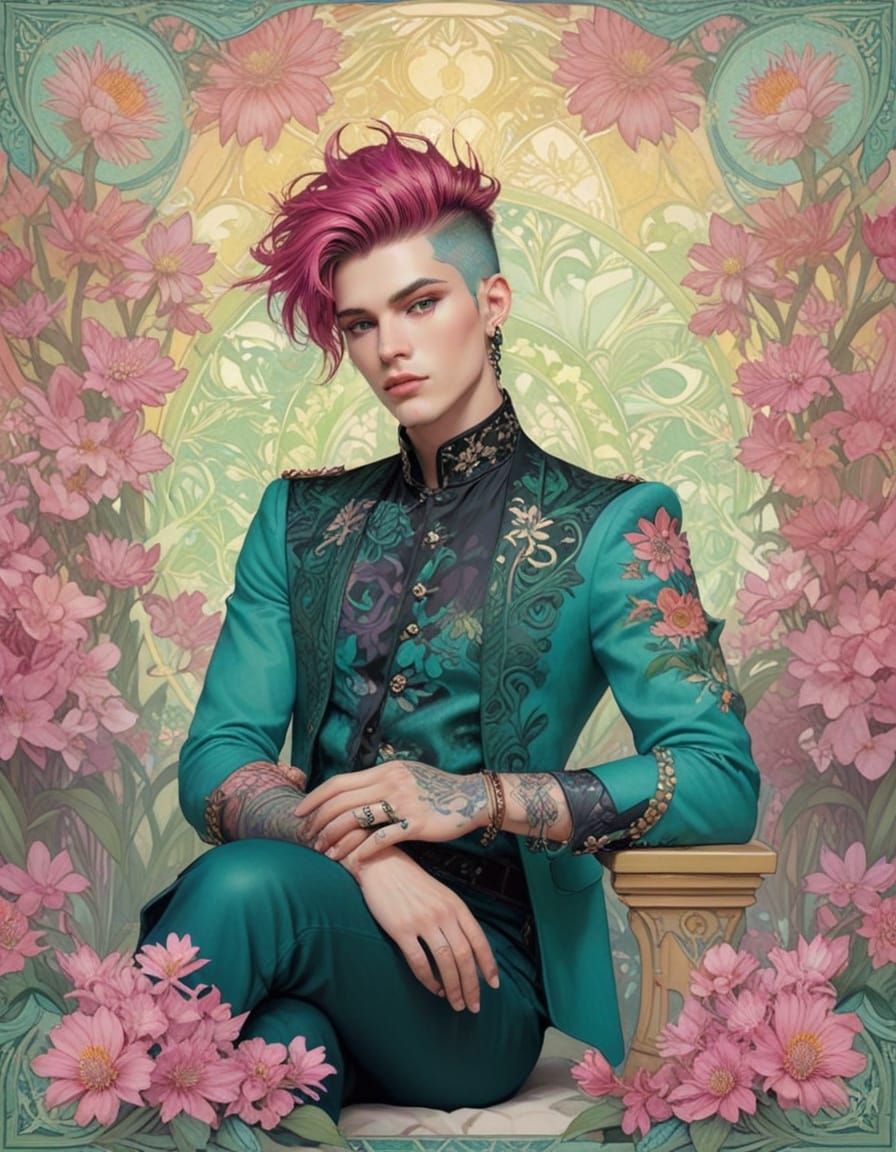 Surreal Punk God in Vibrant Art Nouveau Style - AI Art