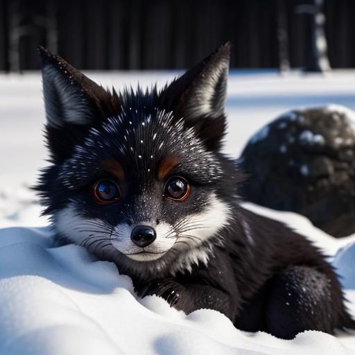 A cute adorable baby black-fox with glowing eyes, in a frozen winter ...