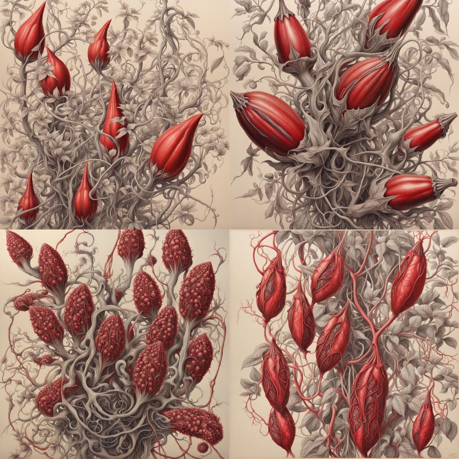 Hyper detailed drawing in red and black pencil on cream colored paper ...