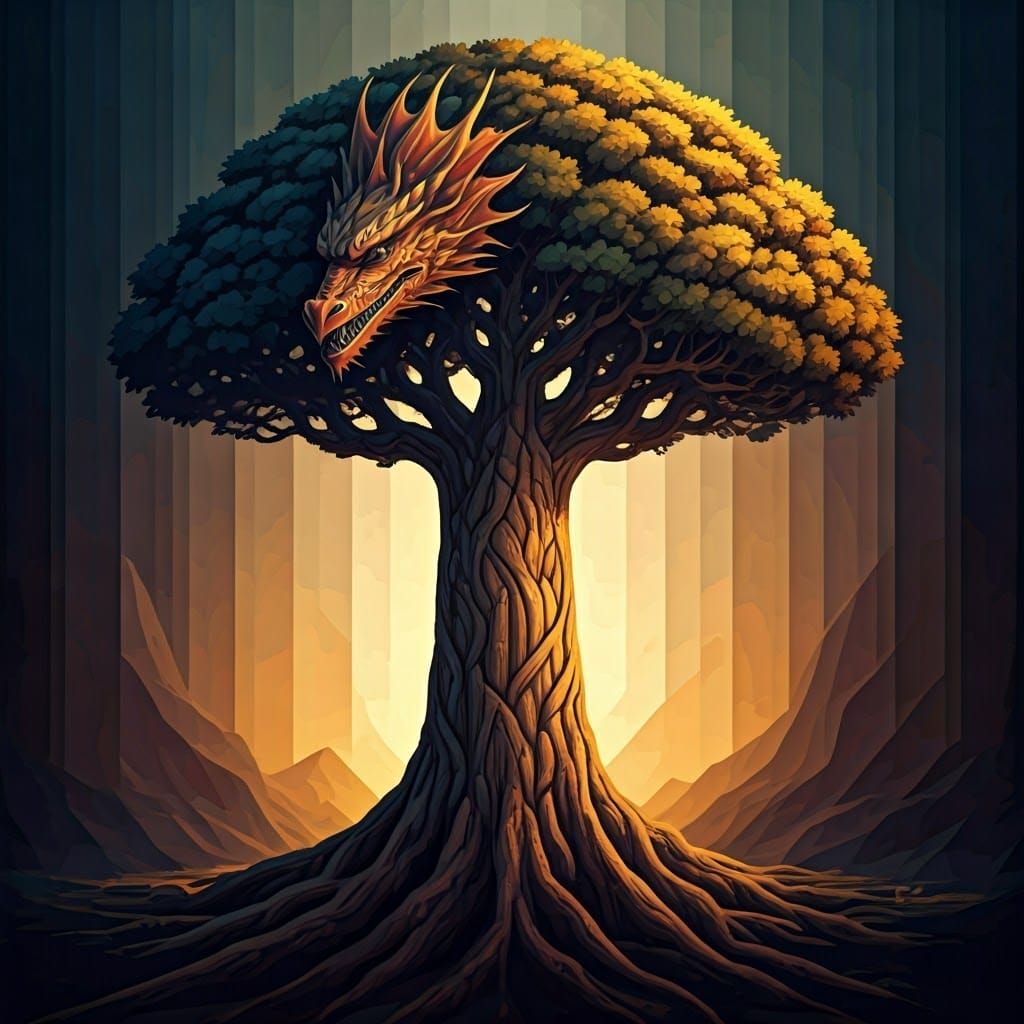 beautiful dragon tree with straight tree trunk cubist painting, Neo ...