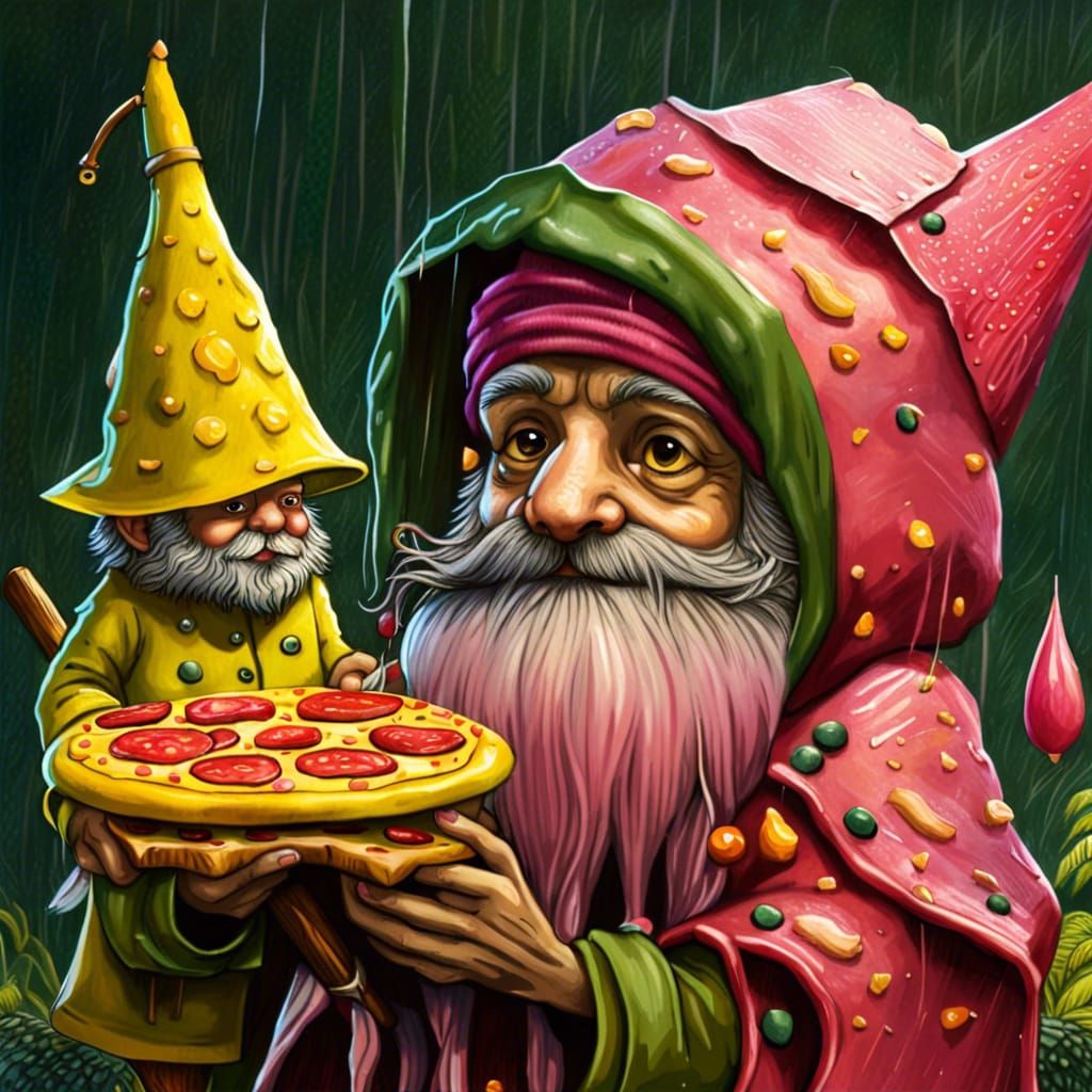 gnome eating pizza with buddy - AI Generated Artwork - NightCafe Creator