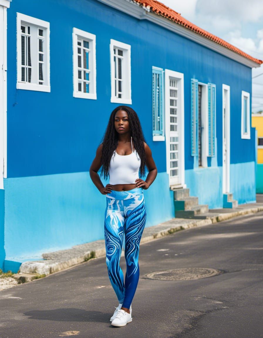 Girl posing in front of a blue house in Willemstad, Curaçao - AI ...