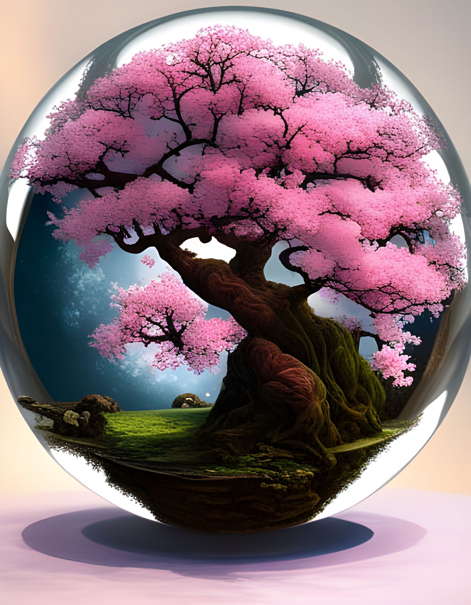 Bonsai cherryblossom tree within a clear glass sphere by Alyse Dietel fantasy retro comics by ...