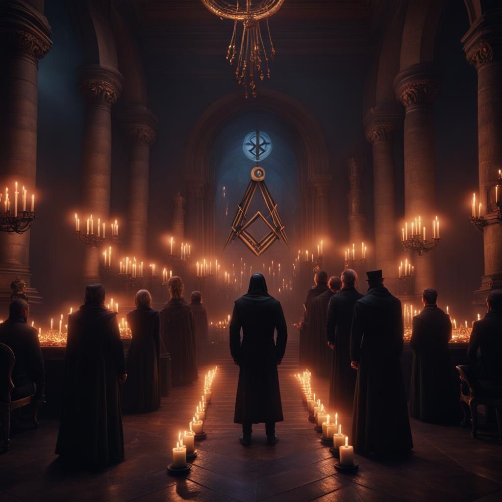 Masonic ritual at night, people in black clothes, candles, smoke, magic ...