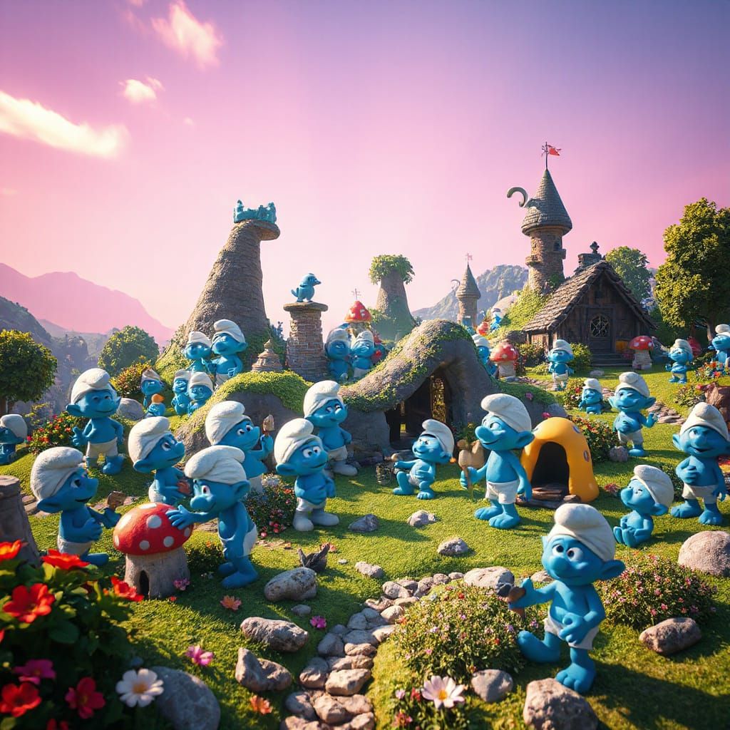 Vibrant Smurf Village in a Fantastical Dreamlike W... - AI Art