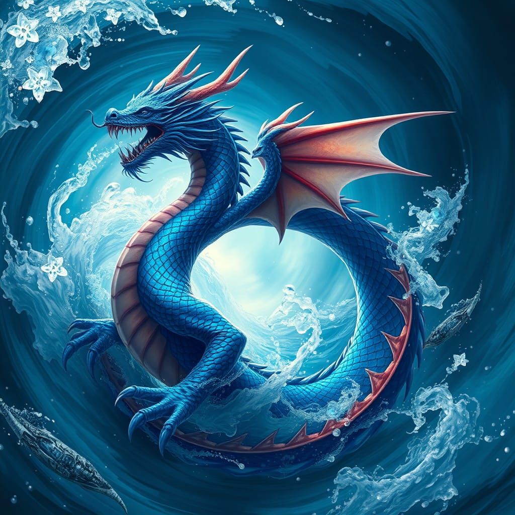 Sapphire Blue Dragon in Harmony with Oceanic Eleme... - AI Art