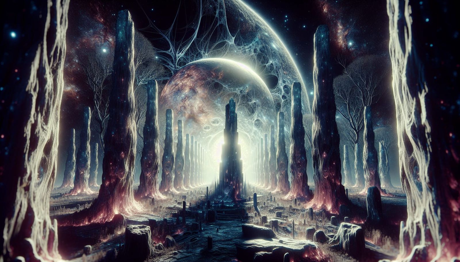 "Epic Scene, sinister magical cosmic moonlit forest, macabre, tall ...
