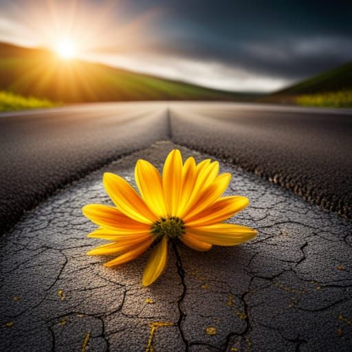 flower breaking through asphalt of a street, breathtaking intricate ...