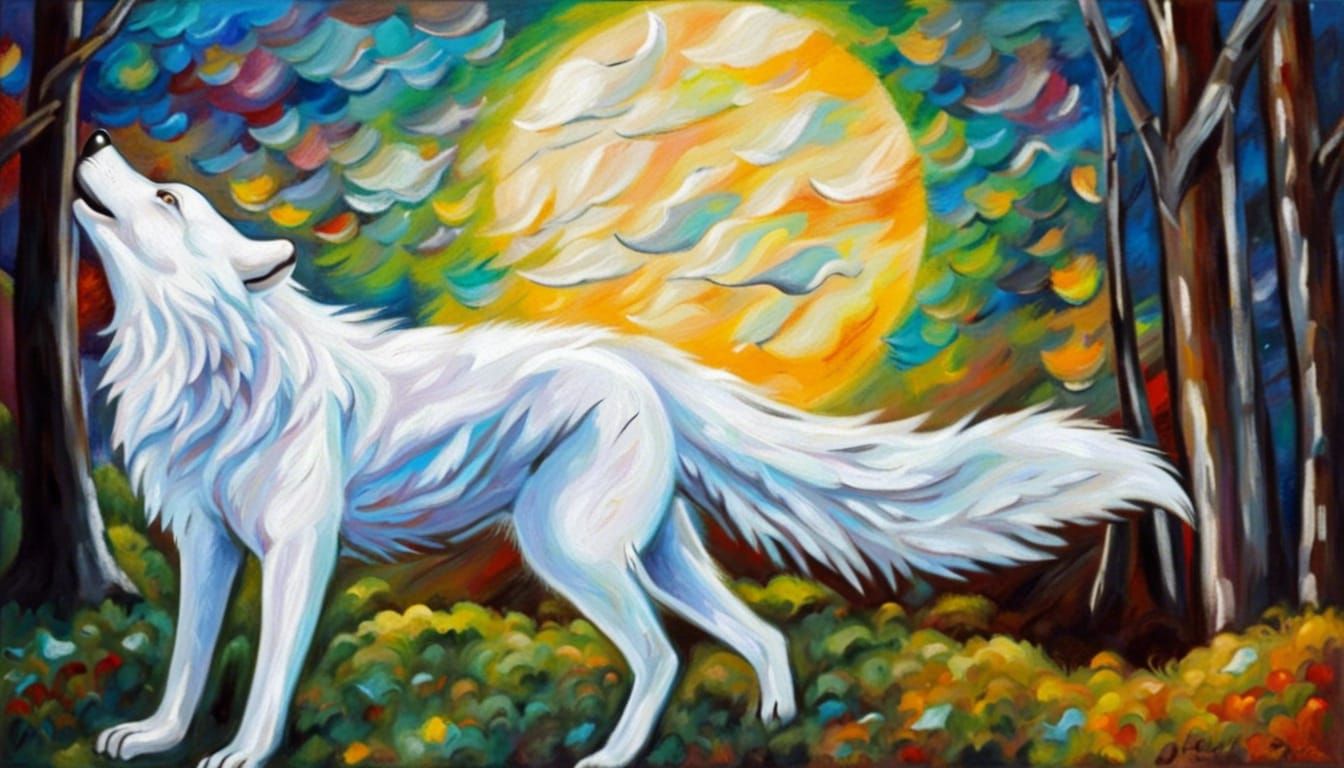 Beautiful White wolf howling at the moon, neo-impressionism ...