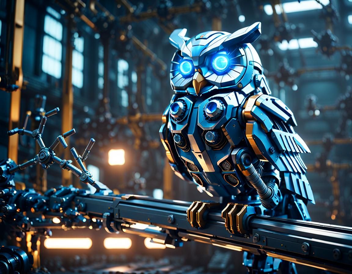 Blue owl resting on a branch in a mecha industriel world with a ray of light illuminating it ...