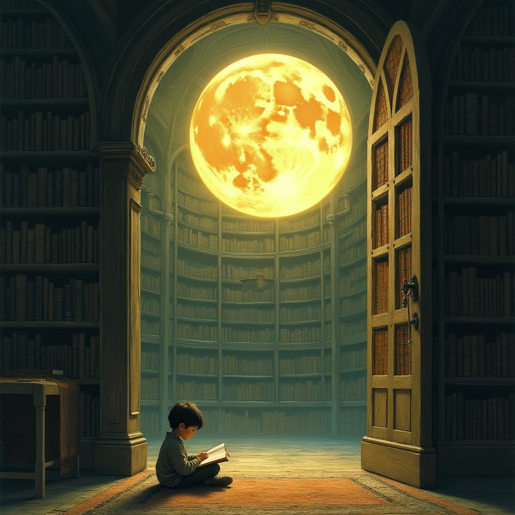 Mystical Moonlit Library with a Young Reader - AI Art