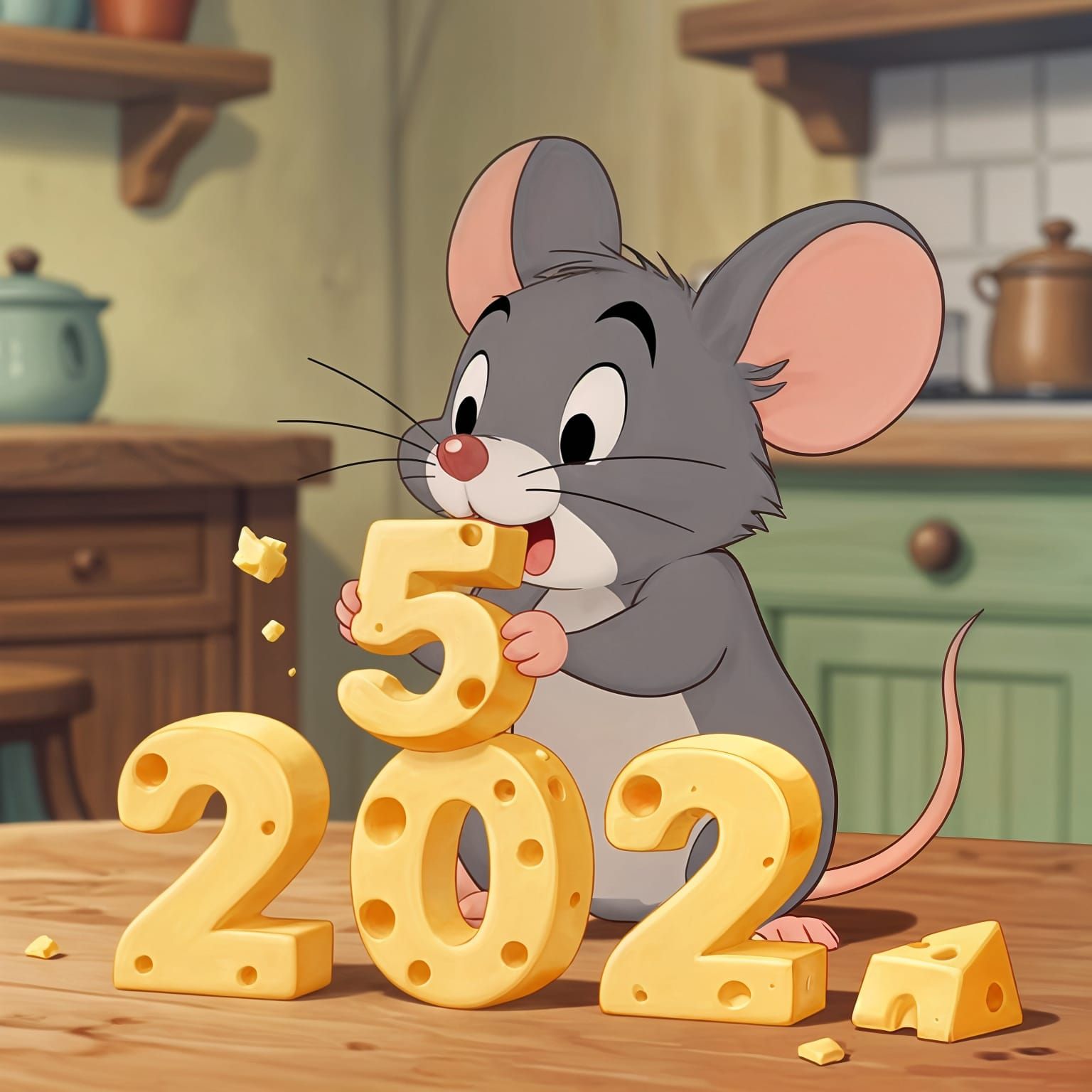 Adorable Mouse Nibbles Cheese Number 5 in Kitchen - AI Art