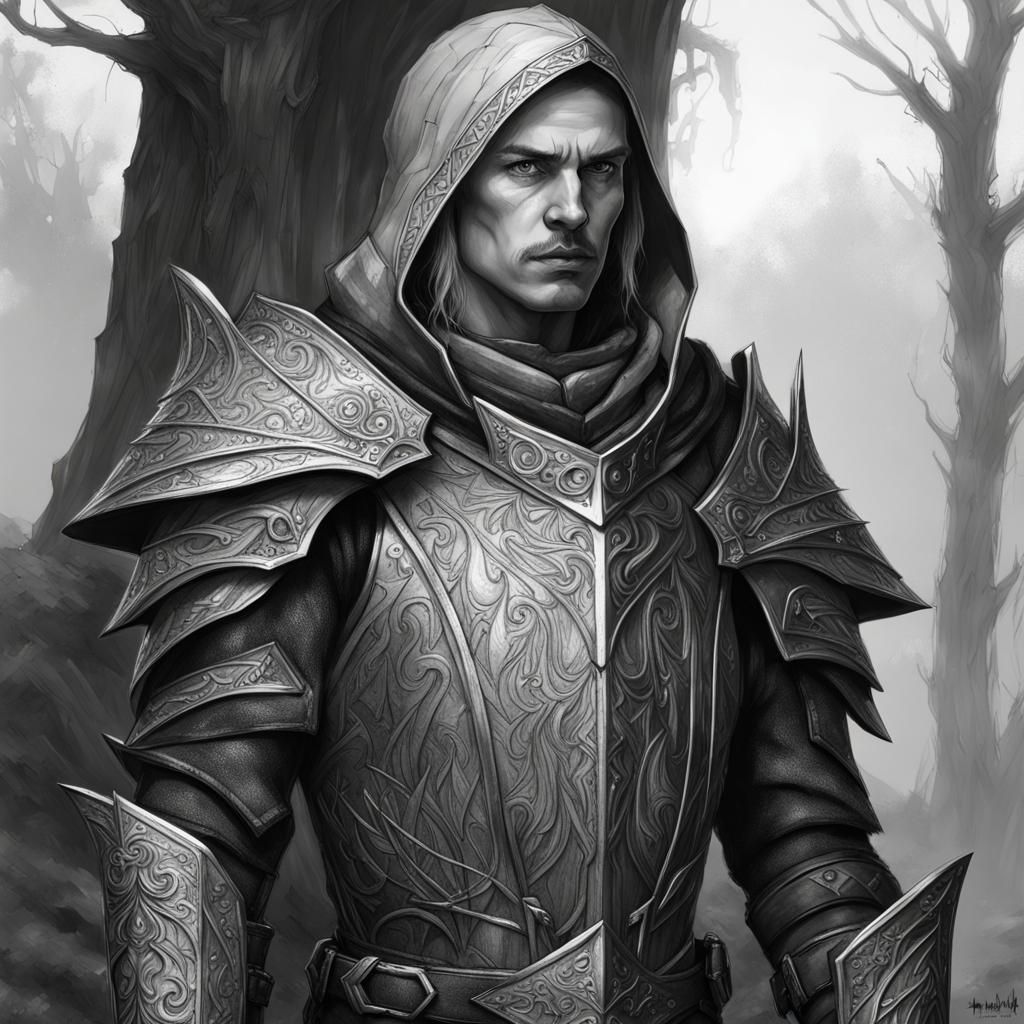 Portrait, gothic frame, elf guard, elven armor, longbow, worried look ...