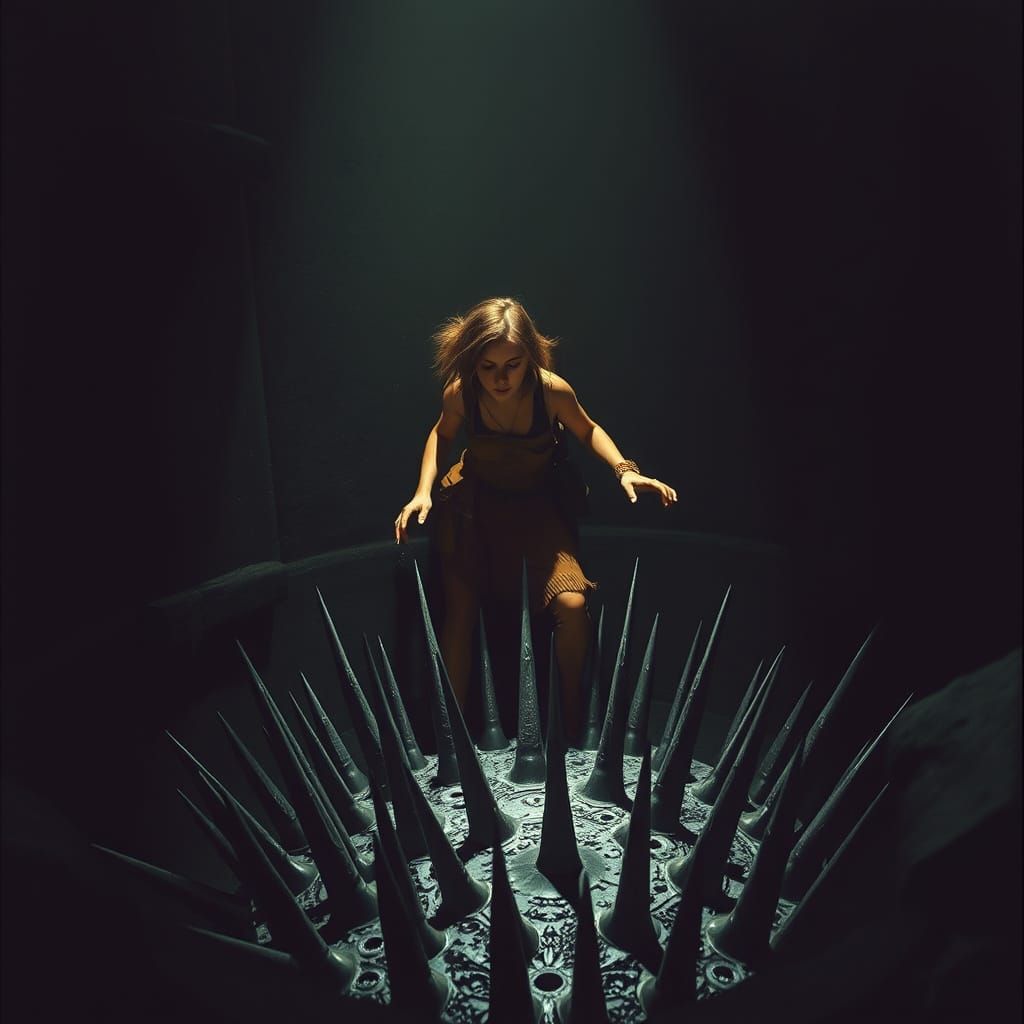 Dark Fantasy Warrior Avoids Deadly Spiked Pit Trap - AI Art