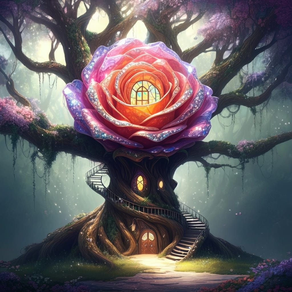 Rose House - Whimsical Crystal Rose Treehouse in Dreamlike S...