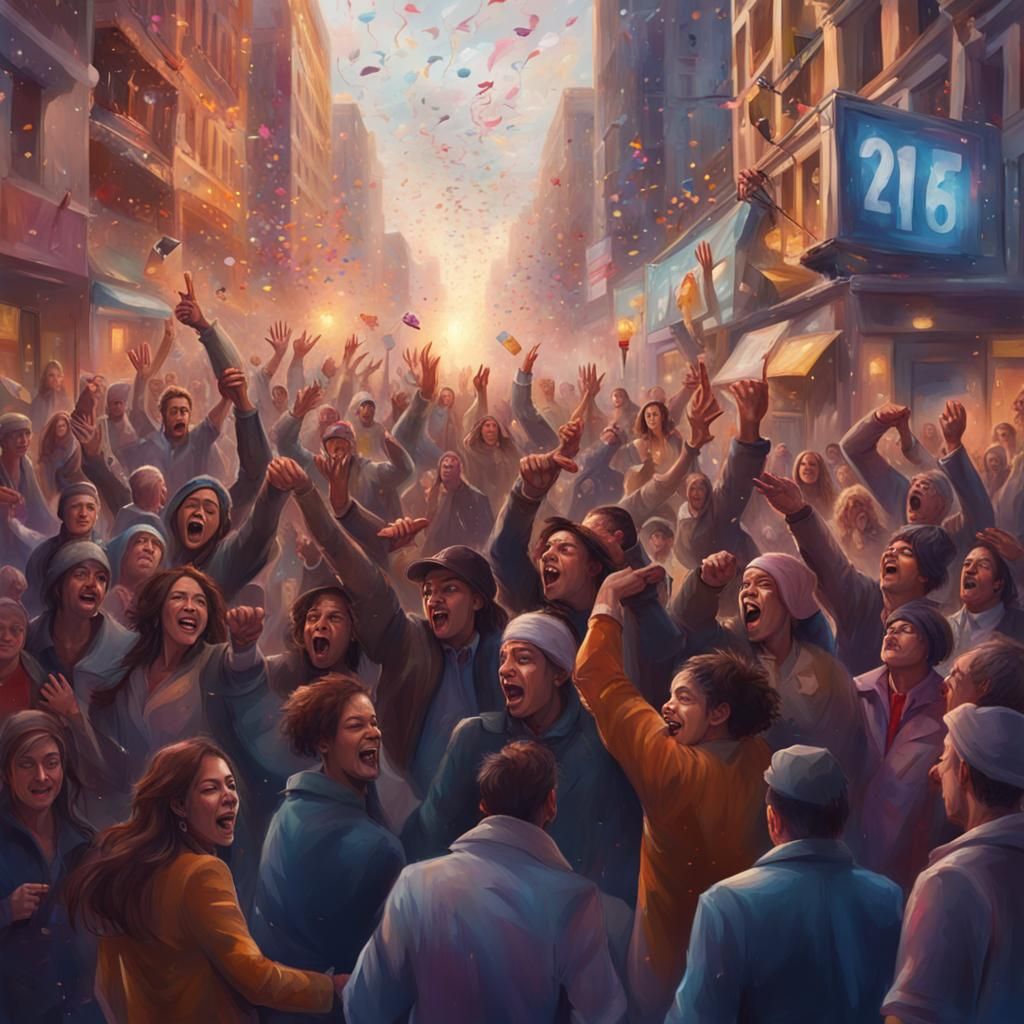 People parting in the streets of the city counting down and celebrating ...