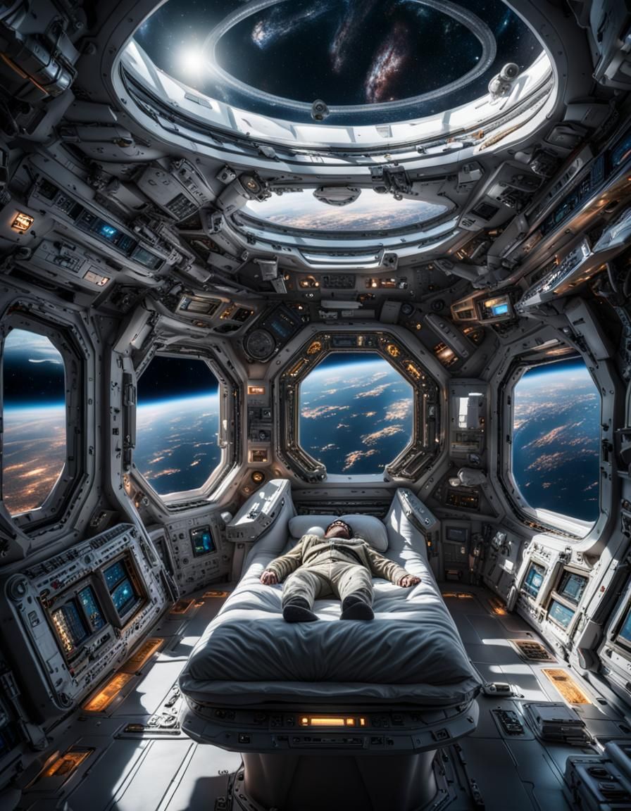Life on a Spaceship - sleeping while floating in space by the spaceship ...
